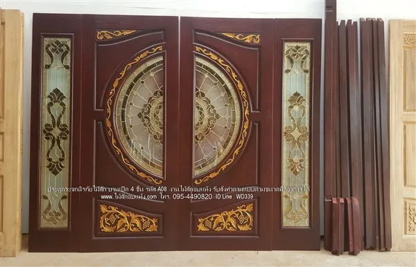 ประตูไม้สักกระจกนิรภัยบานเปิด ชุด 4 ชิ้น A08 แกะเครือองุ่น โดยไม้สักอบ ...