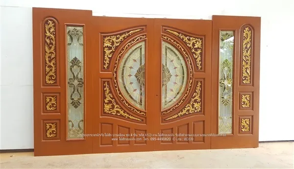 ประตูไม้สักกระจกนิรภัย บานเลื่อนชุด 4 ชิ้น รหัส A103 โดยไม้สักอบแห้ง อ. ...